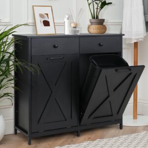 mamizo double tilt out trash cabinet 10 gallon*2,kitchen garbage cabinet,pet-proof standing hidden dual laundry sorter,w/hideaway drawer,for kitchen,living,dining room (black)