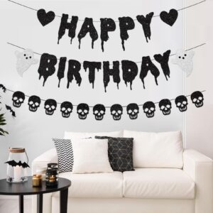 Black Glitter Halloween Birthday Banner Black Heart Skull Garland Halloween Happy Birthday Decorations for Halloween Birthday Party Decorations Theme Baby Shower Supplies