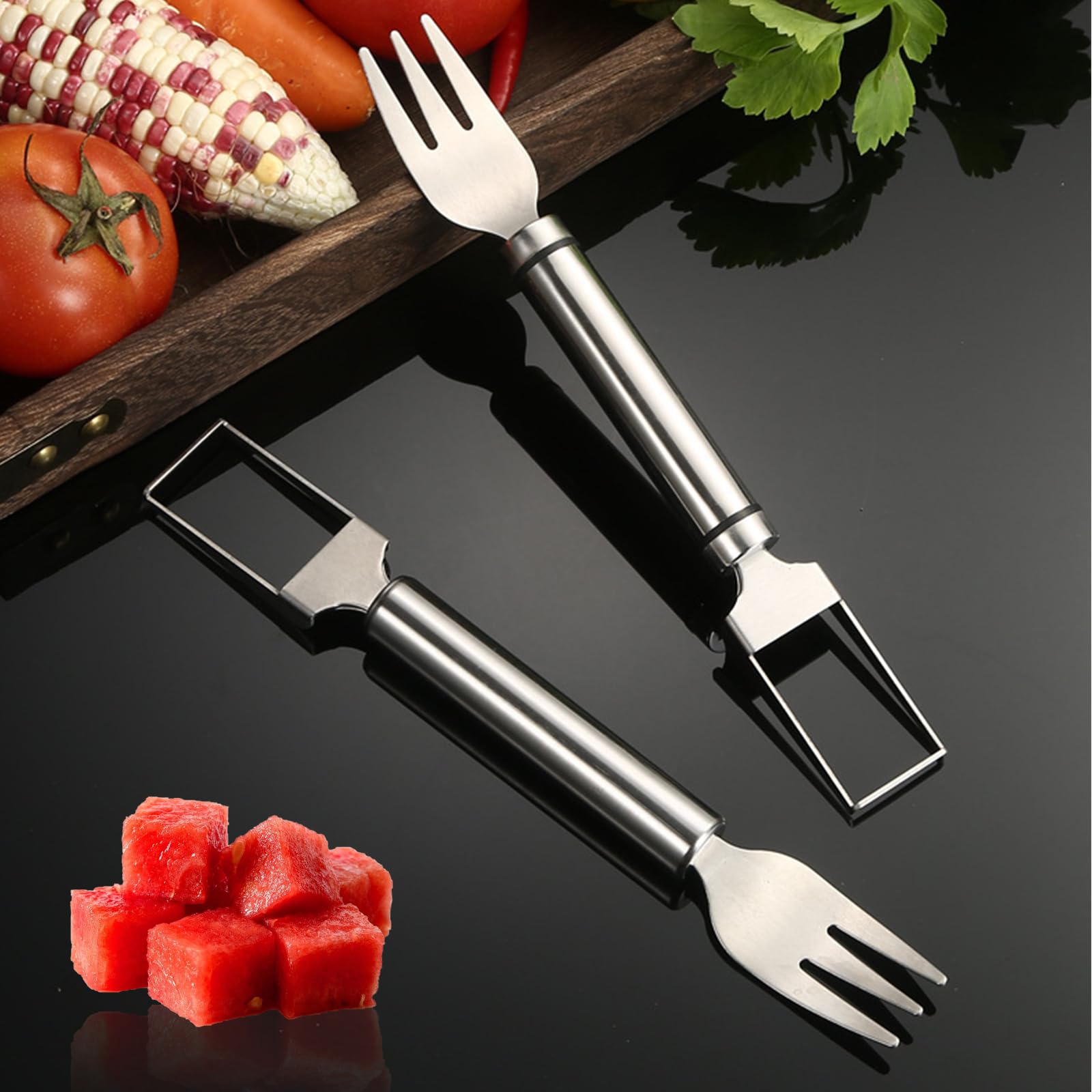 2pcs Stainless Steel Fruit Cutter, Watermelon Fork Slicer Cutter, 2 in 1 Cutting Tool for Kitchen Camping Party, Sanding Texture. Comfortable Grip, Smooth and Polished (2 Upgraded)