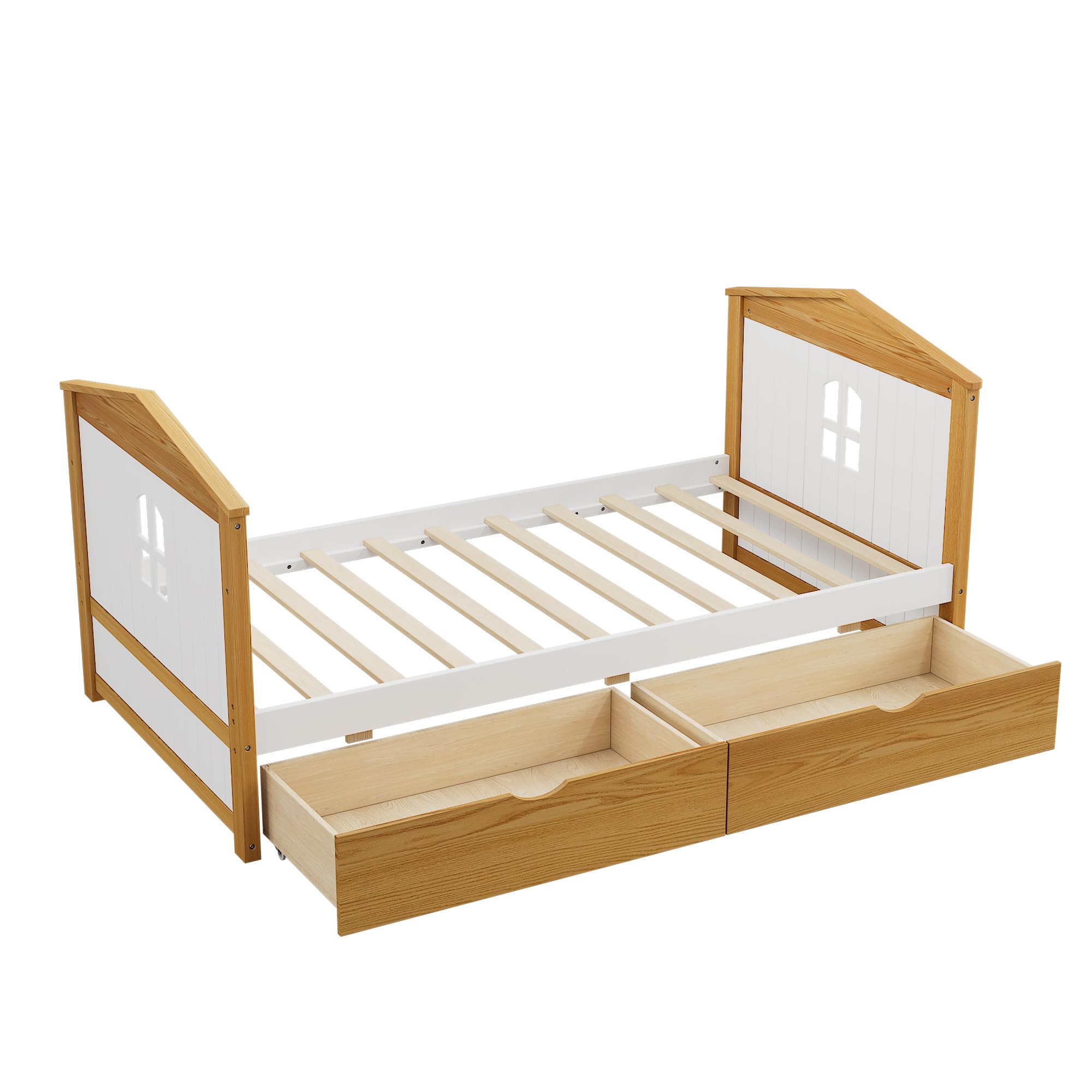 Harper & Bright Designs Twin Size House Shape Bed with Two Drawers Wooden Bed Frame for Boys Girls Kids Adults Toddler Teens, No Box Spring Needed, Walnut and White