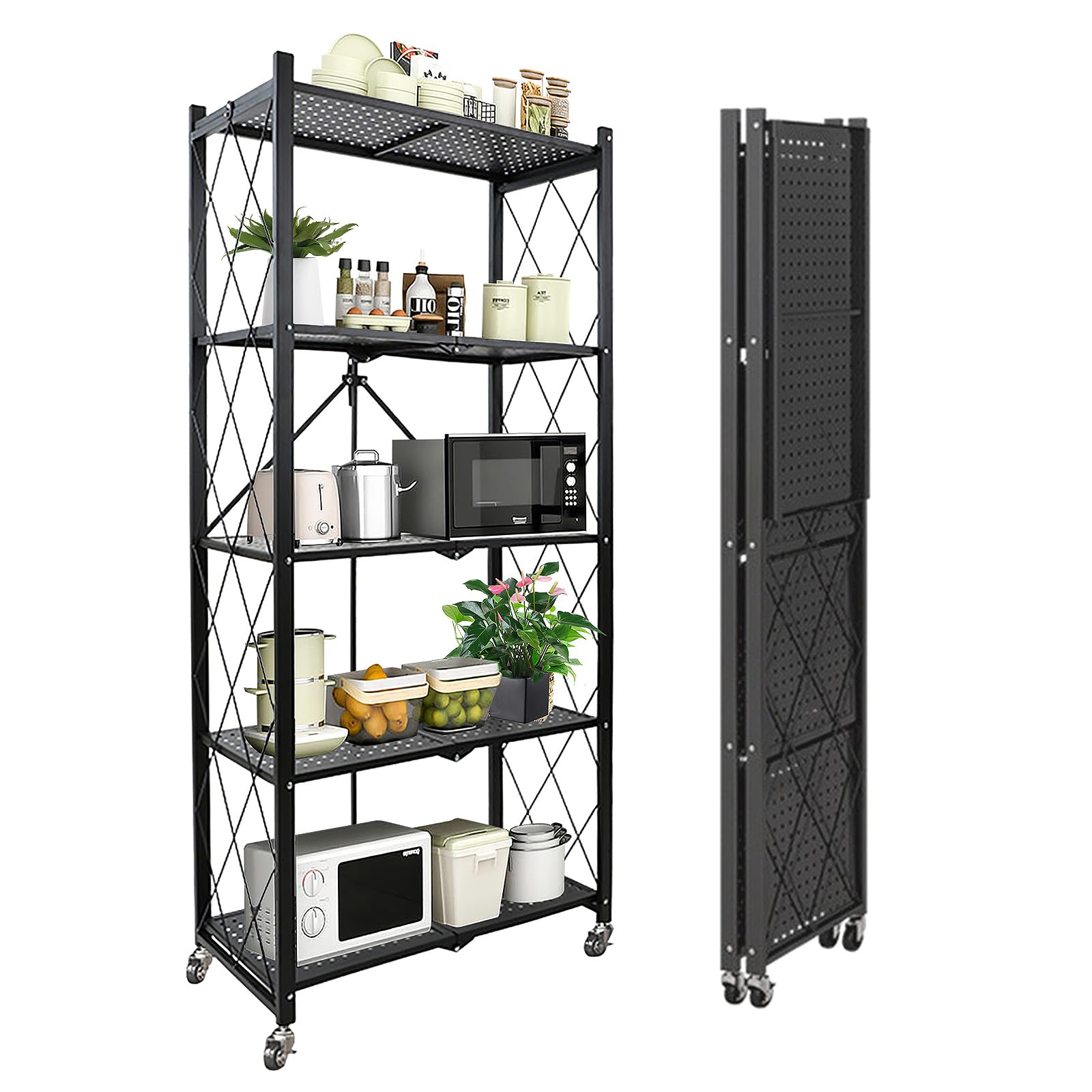 HPONQIONE 5-Tier Heavy Duty Foldable Metal Rack Storage Shelving Units 28" W x 14" D x 65" H for Kitchen Bakers Closet, Metal Wire,with Wheels Moving Easily