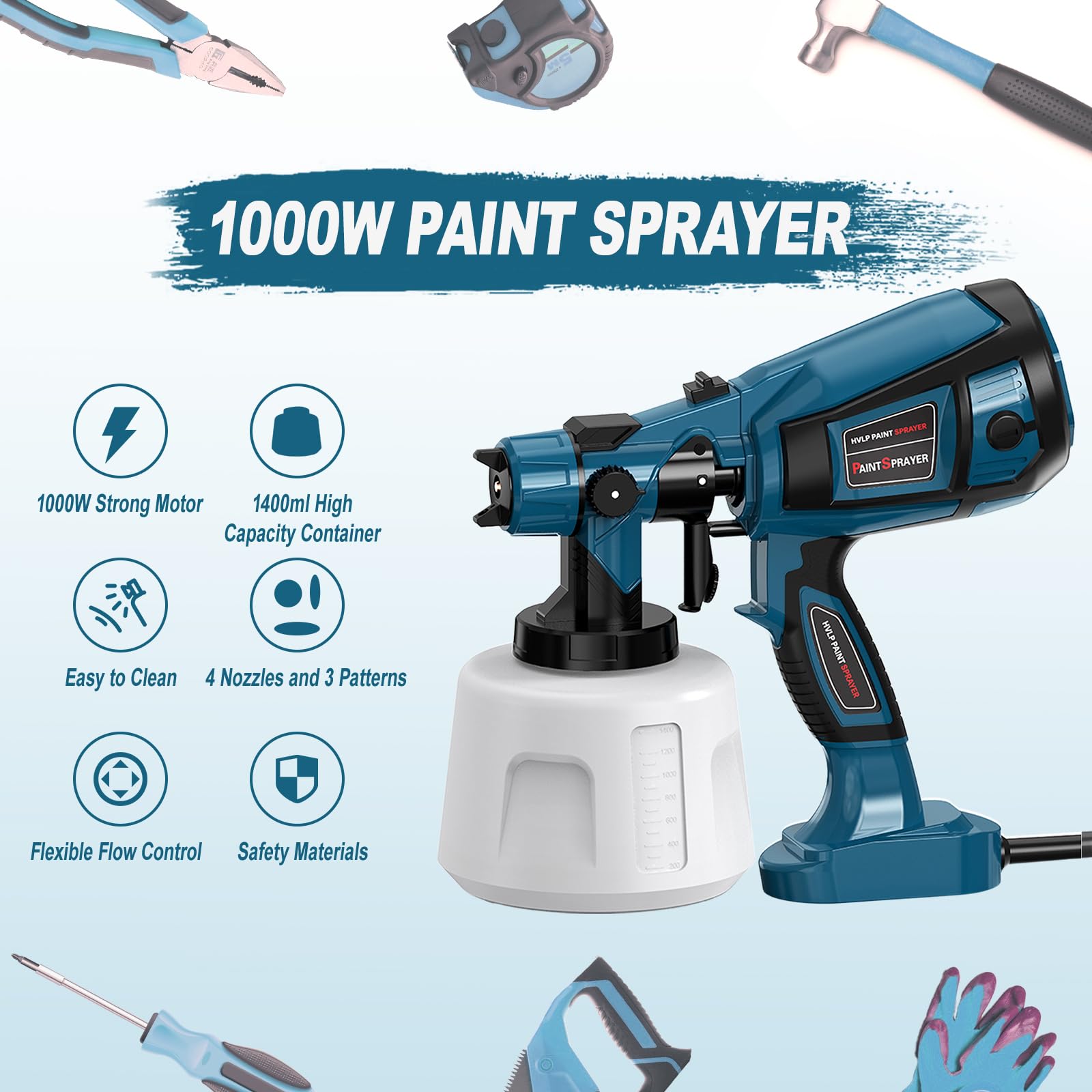 Paint Sprayer Tool 1000W High Power Electric Spray Paint Gun Easy to Clean Paint Sprayers for Home Furniture Cabinets Decks Walls Door Paint Tools Blue