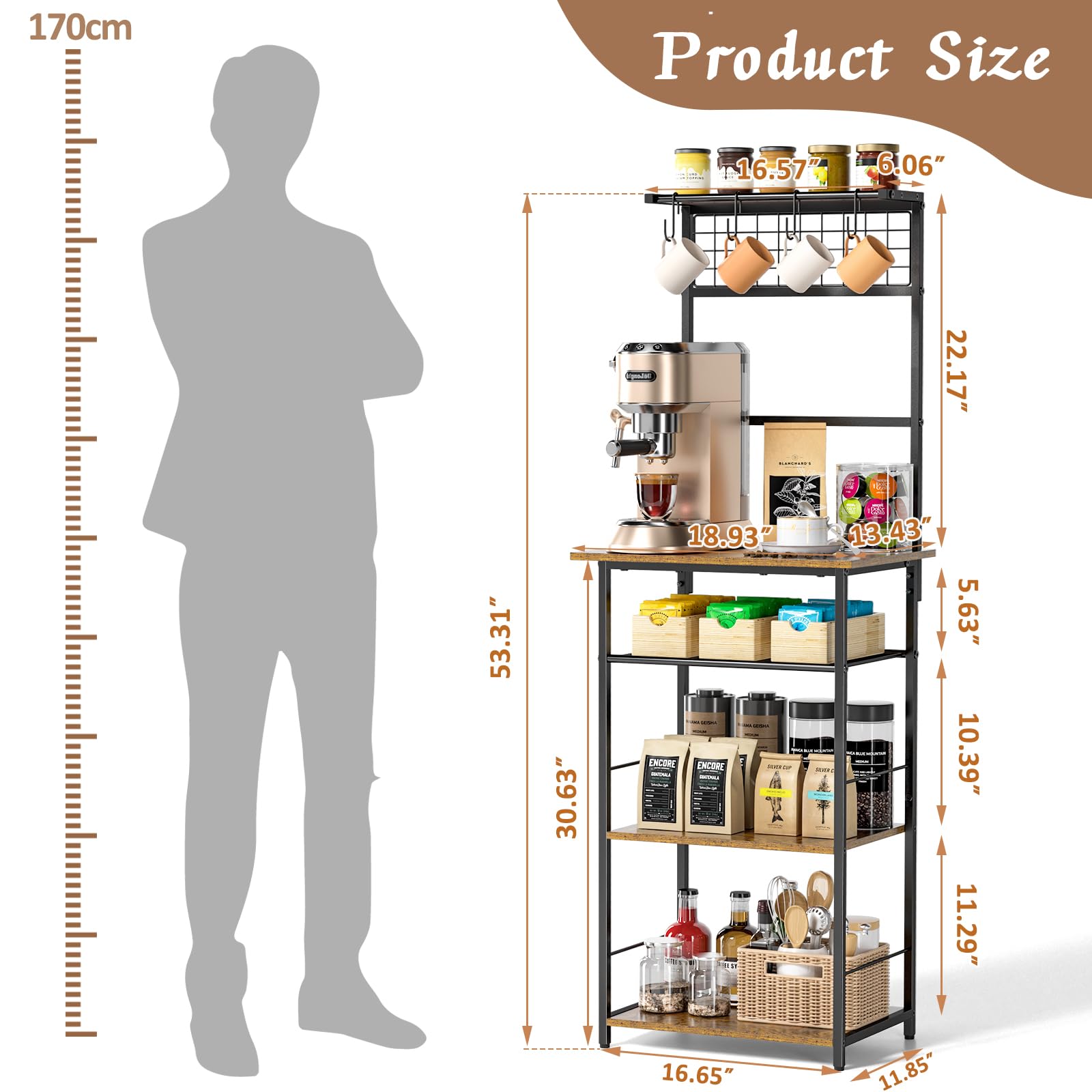 5 Tier Coffee Bar Station, Coffee Stand Station with 4 S-Shaped Hooks, Farmhouse Corner Coffee Bar Cabinet for Small Spaces, Bakers Rack for Kitchen, Entryway, Living Room, 13.43"D x 18.93"W x 53.31"H