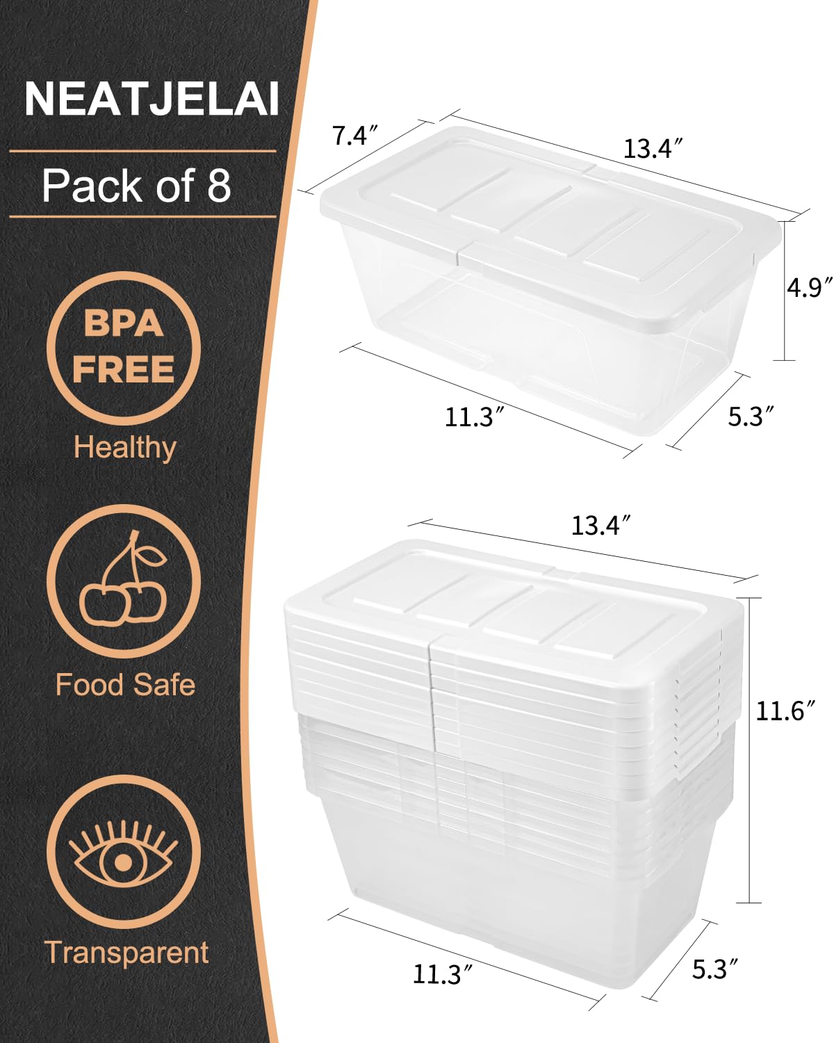 NEATJELAI Plastic Storage Bin with Lids,Stackable Shoe Boxes and See-Through Plastic Shoe Boxes,Non-Toxic,Odor Free,BPA Free,For Closet,Home, Garage, School,and Office,8 Pack Set,White