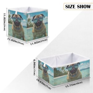 YMGQYJ Collapsible Storage Cube Beach Pug Print, Organizing Baskets with Reinforced Board for Shelf Closet Cabinet 11×11×11 in