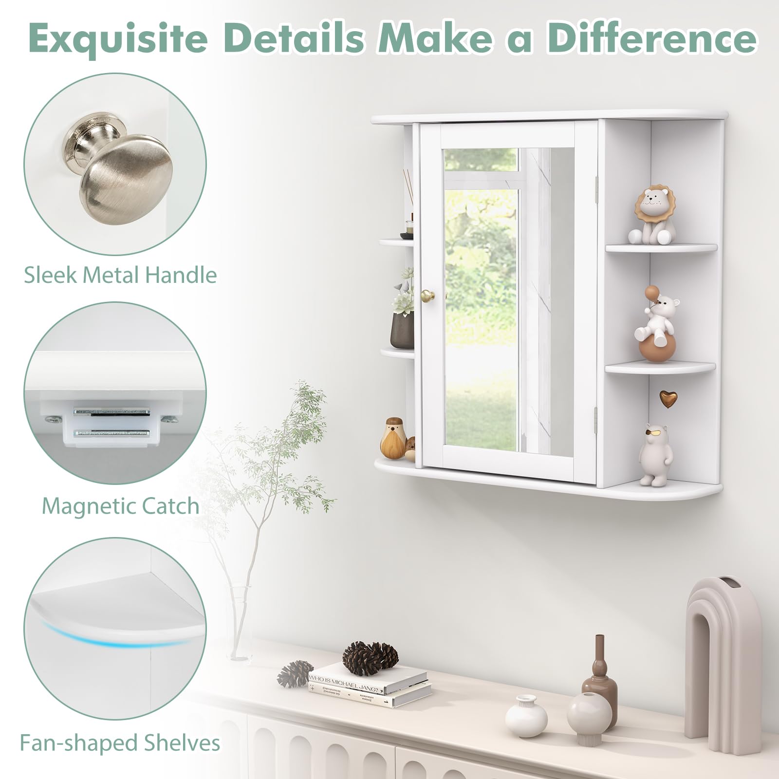 RELAX4LIFE Bathroom Wall Cabinet with Mirror - Medicine Cabinet w/Door, 6 Open Shelves & Adjustable Shelves, Over The Toilet Storage Cabinet Organizer, Mirrored Bathroom Cabinet Wall Mount (White)