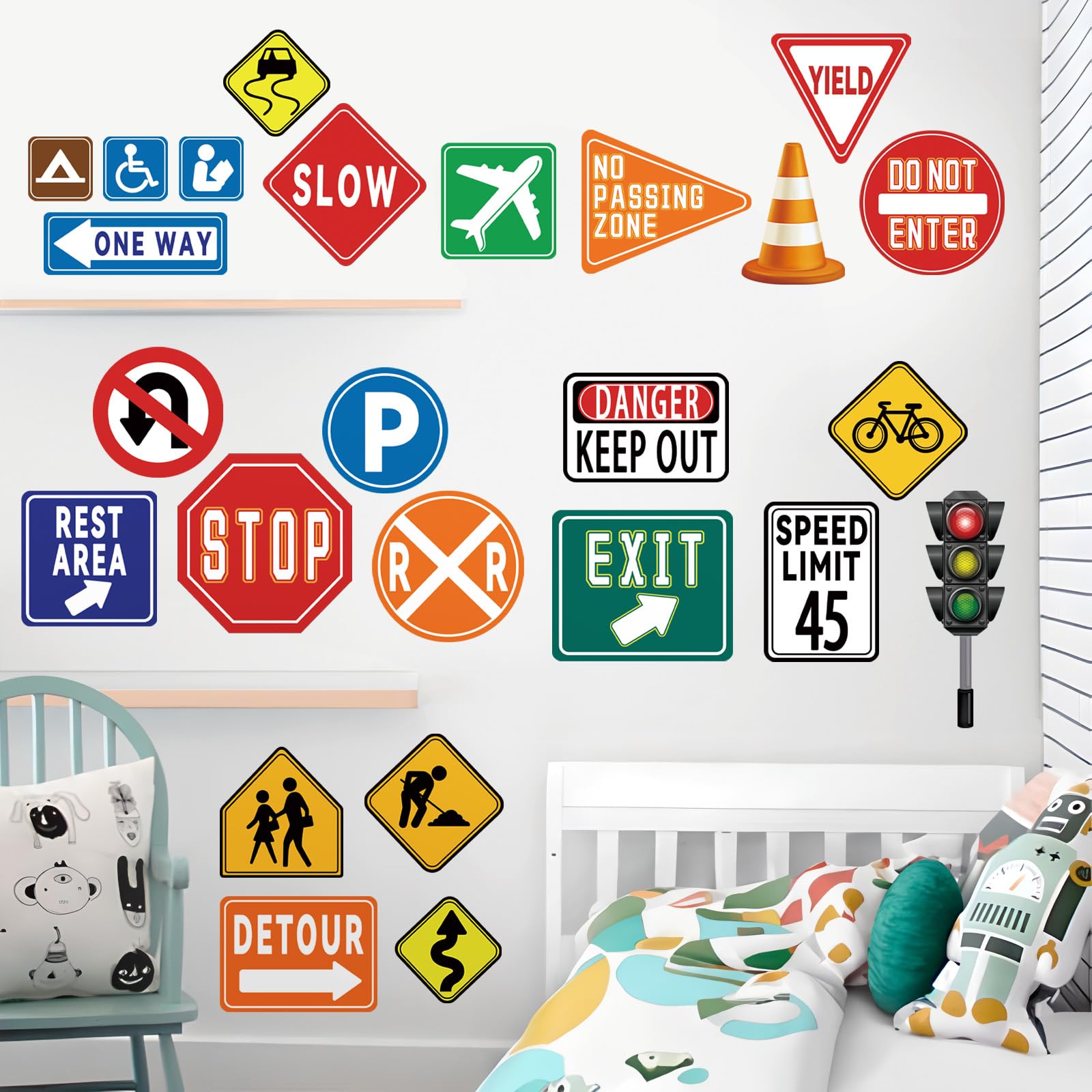 wondever 25 Pieces Traffic Road Signs Wall Stickers Stop Street Transportation Signs Peel and Stick Wall Art Decals for Kids Bedroom Classroom Playroom