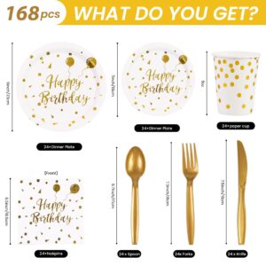 168PCS Happy Birthday White and Gold Party Supplies,Disposable Party Decorations Paper Plates Napkins Cups Plastic Forks Knives Spoons for Birthday Graduation Bridal Shower-24 Guests