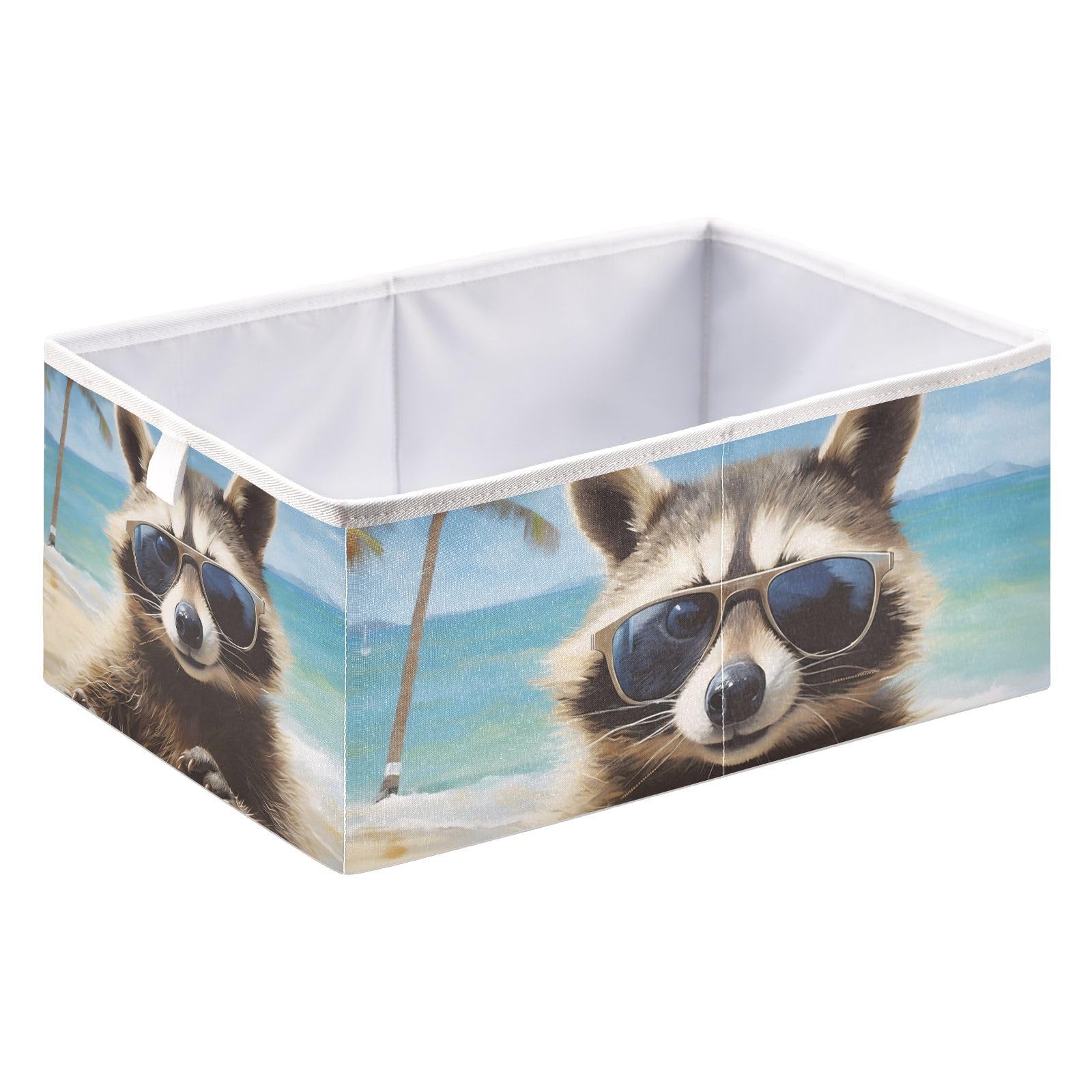 YMGQYJ Collapsible Storage Cube Beach Raccoon Print, Organizing Baskets with Reinforced Board for Shelf Closet Cabinet 11×11×11 in