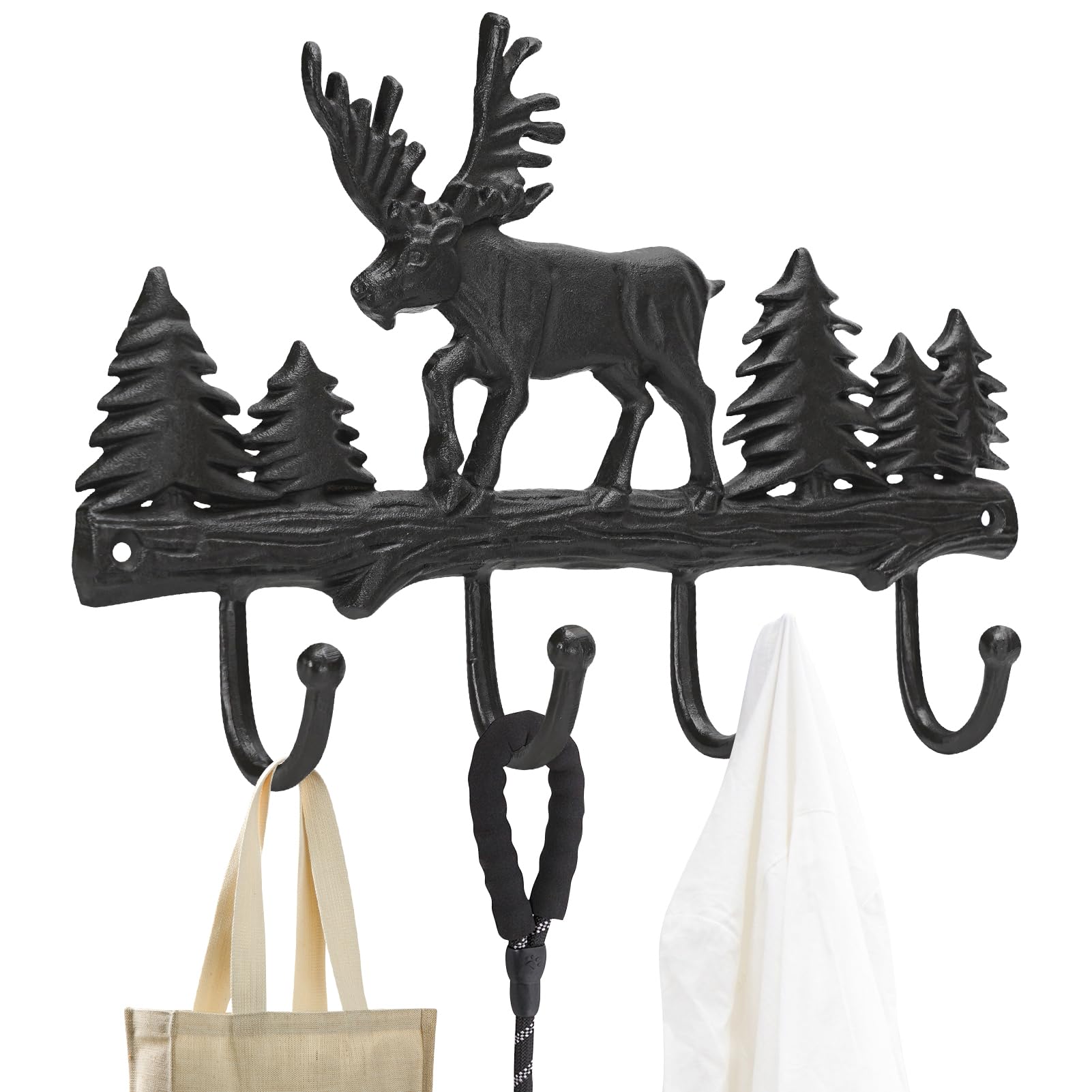 TECANA Heavy Duty Coat Rack Wall Mount - Cast Iron Moose Deer Coat Hooks Wall Mount | Black Decorative Wall Hooks for Entryway