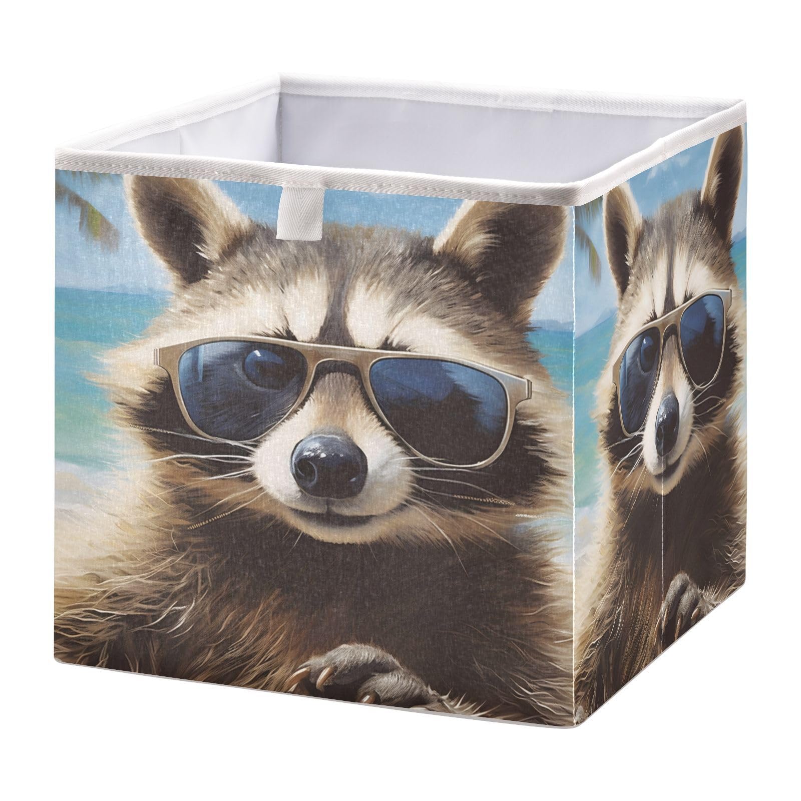 YMGQYJ Collapsible Storage Cube Beach Raccoon Print, Organizing Baskets with Reinforced Board for Shelf Closet Cabinet 11×11×11 in