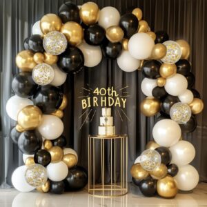 RUBFAC 180pcs Black and Gold Balloons, Balloons Garland Arch Kit 5 10 12 18 inch Black White Metallic Gold Confetti Latex Balloons for Graduation Birthday Baby Shower Wedding