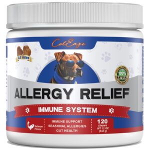 colezae allergy relief for dogs, anti-itch chew treats for dry skin, itchy paws, licking, seasonal allergies, omega 3 and herbal supplement