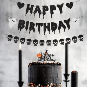 Black Glitter Halloween Birthday Banner Black Heart Skull Garland Halloween Happy Birthday Decorations for Halloween Birthday Party Decorations Theme Baby Shower Supplies