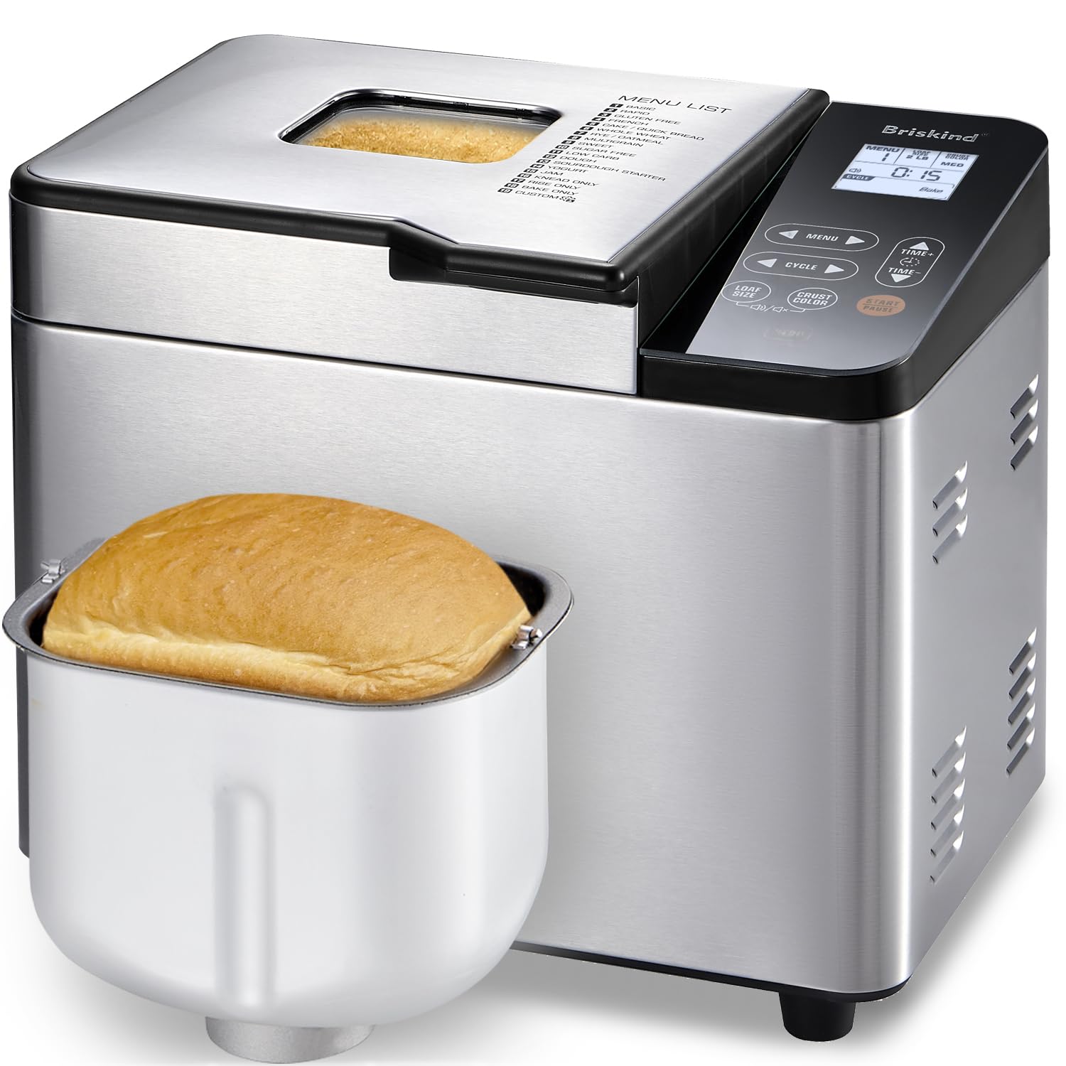 Briskind Bread Maker Machine with Ceramic Nonstick Pan, 19 Menus, 2 Pound Stainless Steel Breadmaker with Glass Touch Panel, Gluten Free, Sourdough Starter, Custom Setting, 3 Loaf Sizes & Crust Colors