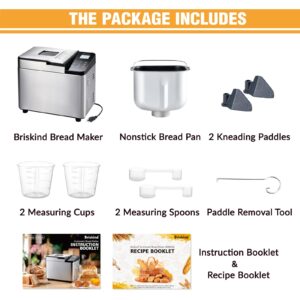 Briskind Bread Maker Machine with Ceramic Nonstick Pan, 19 Menus, 2 Pound Stainless Steel Breadmaker with Glass Touch Panel, Gluten Free, Sourdough Starter, Custom Setting, 3 Loaf Sizes & Crust Colors