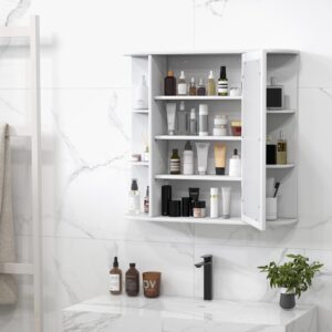 RELAX4LIFE Bathroom Wall Cabinet with Mirror - Medicine Cabinet w/Door, 6 Open Shelves & Adjustable Shelves, Over The Toilet Storage Cabinet Organizer, Mirrored Bathroom Cabinet Wall Mount (White)