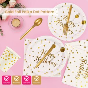 168PCS Happy Birthday White and Gold Party Supplies,Disposable Party Decorations Paper Plates Napkins Cups Plastic Forks Knives Spoons for Birthday Graduation Bridal Shower-24 Guests