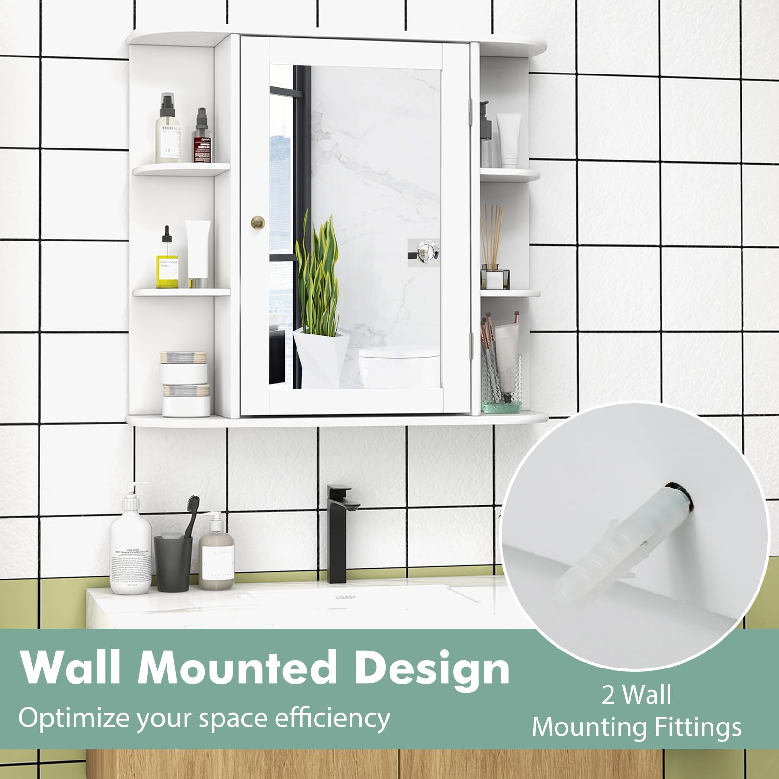 RELAX4LIFE Bathroom Wall Cabinet with Mirror - Medicine Cabinet w/Door, 6 Open Shelves & Adjustable Shelves, Over The Toilet Storage Cabinet Organizer, Mirrored Bathroom Cabinet Wall Mount (White)