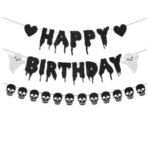 black glitter halloween birthday banner black heart skull garland halloween happy birthday decorations for halloween birthday party decorations theme baby shower supplies