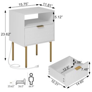 Modern Nightstand with Charging Station and LED Lights, White Nightstand with Drawer, Fluted Nightstand for Living Room, Bedroom