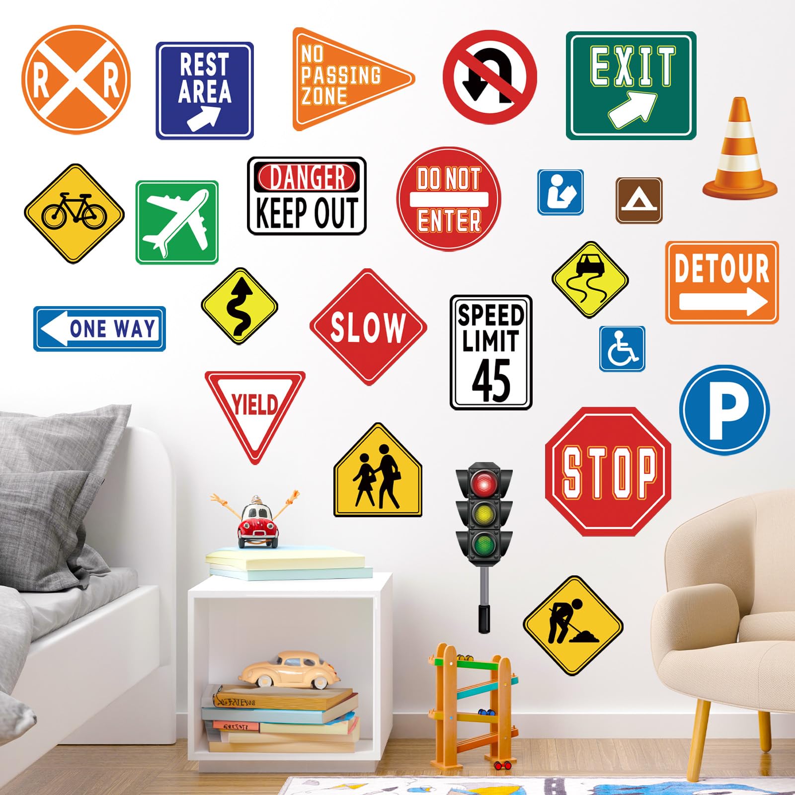 wondever 25 Pieces Traffic Road Signs Wall Stickers Stop Street Transportation Signs Peel and Stick Wall Art Decals for Kids Bedroom Classroom Playroom