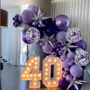 55pcs Metallic Purple Premium Latex Lavender Lilac Balloons 12 inches and Purple Confetti Balloons with Ribbons Set for Birthday Bridal Shower Wedding Party Decorations