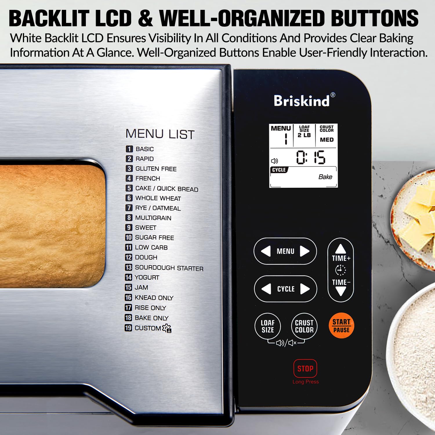 Briskind Bread Maker Machine with Ceramic Nonstick Pan, 19 Menus, 2 Pound Stainless Steel Breadmaker with Glass Touch Panel, Gluten Free, Sourdough Starter, Custom Setting, 3 Loaf Sizes & Crust Colors