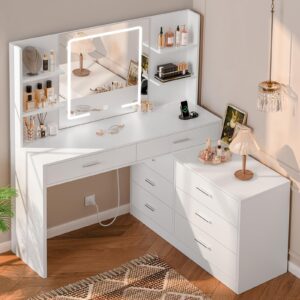 Quimoo 65.9'' Vanity Desk with LED Lighted Mirror & Power Outlet, Modern Corner Makeup Vanity Table with 8 Drawers & Open Shelves, Dressing Table for Bedroom, Makeup Room