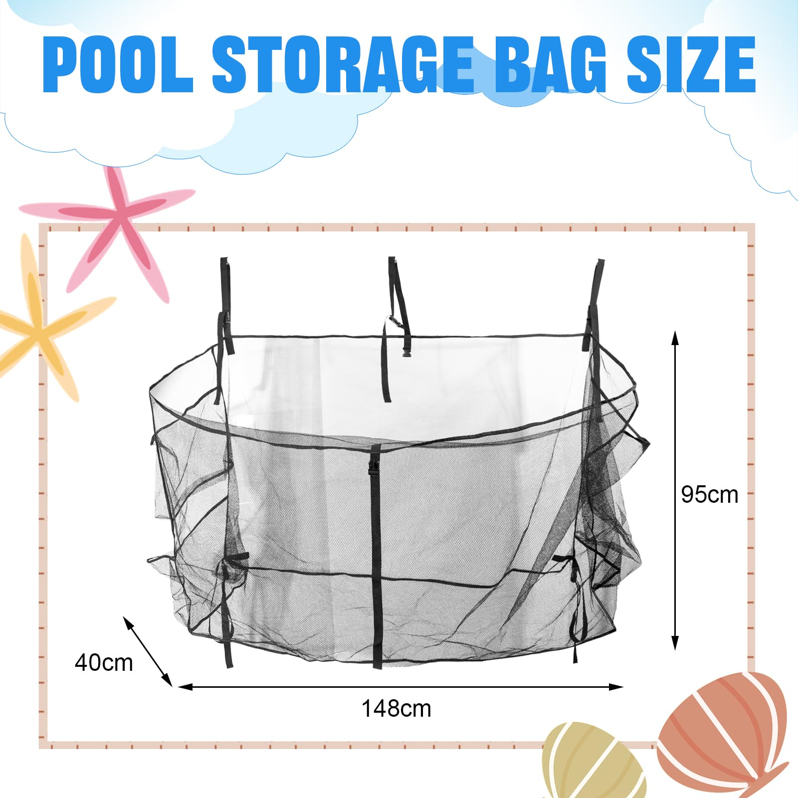 Pool Float Storage Bag,Adjustable Pool Toys Organizer Hanging Mesh Bag with 3 Side Pockets for Rafts,Balls,Floats,Inflatable Toys,Extra Large Pool Toy Storage Net Bag Pouch,Swimming Pool Accessories