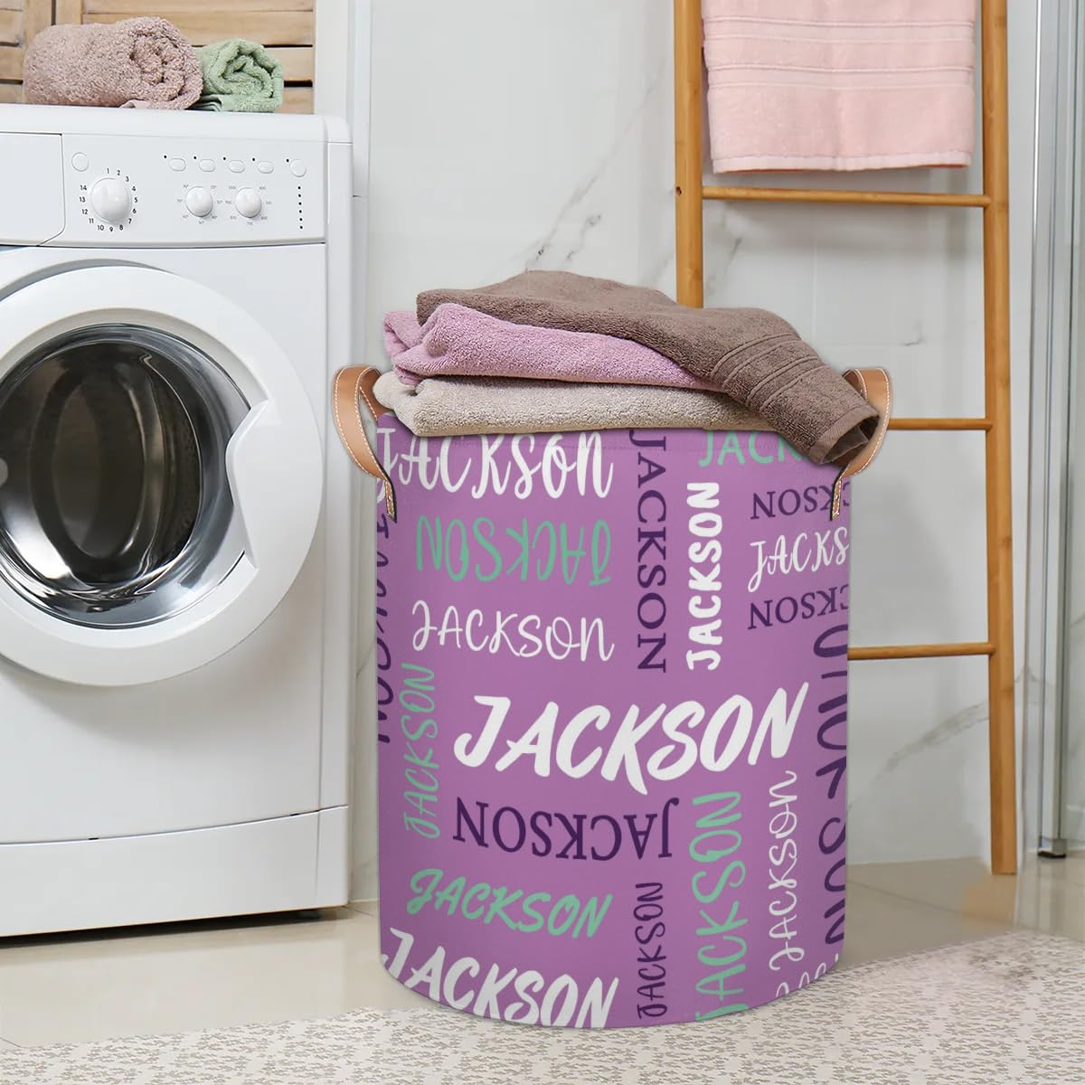 Custom Name Large Laundry-Basket for Kids-Boys-Girls, Personalized Collapsible Waterproof Laundry Hamper Dirty Clothes Toys Storage Bin with Handles,Purple