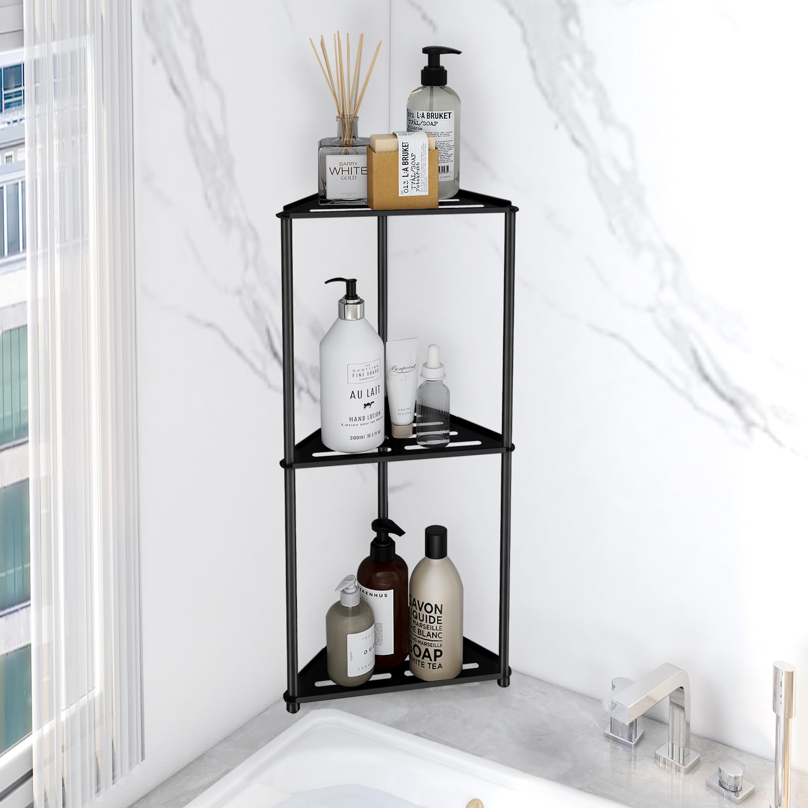 XEENEW Standing Shower Caddy Corner, 3 Tier Stainless Steel Shower Organizer Stand, Metal Rustproof Corner Shower Shelf, Shower Stands for Inside Shower Bathroom Bathtub（Matte Black）