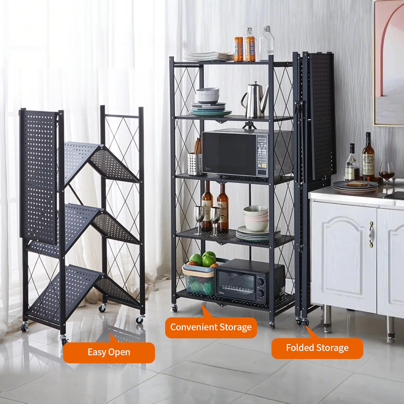 HPONQIONE 5-Tier Heavy Duty Foldable Metal Rack Storage Shelving Units 28" W x 14" D x 65" H for Kitchen Bakers Closet, Metal Wire,with Wheels Moving Easily