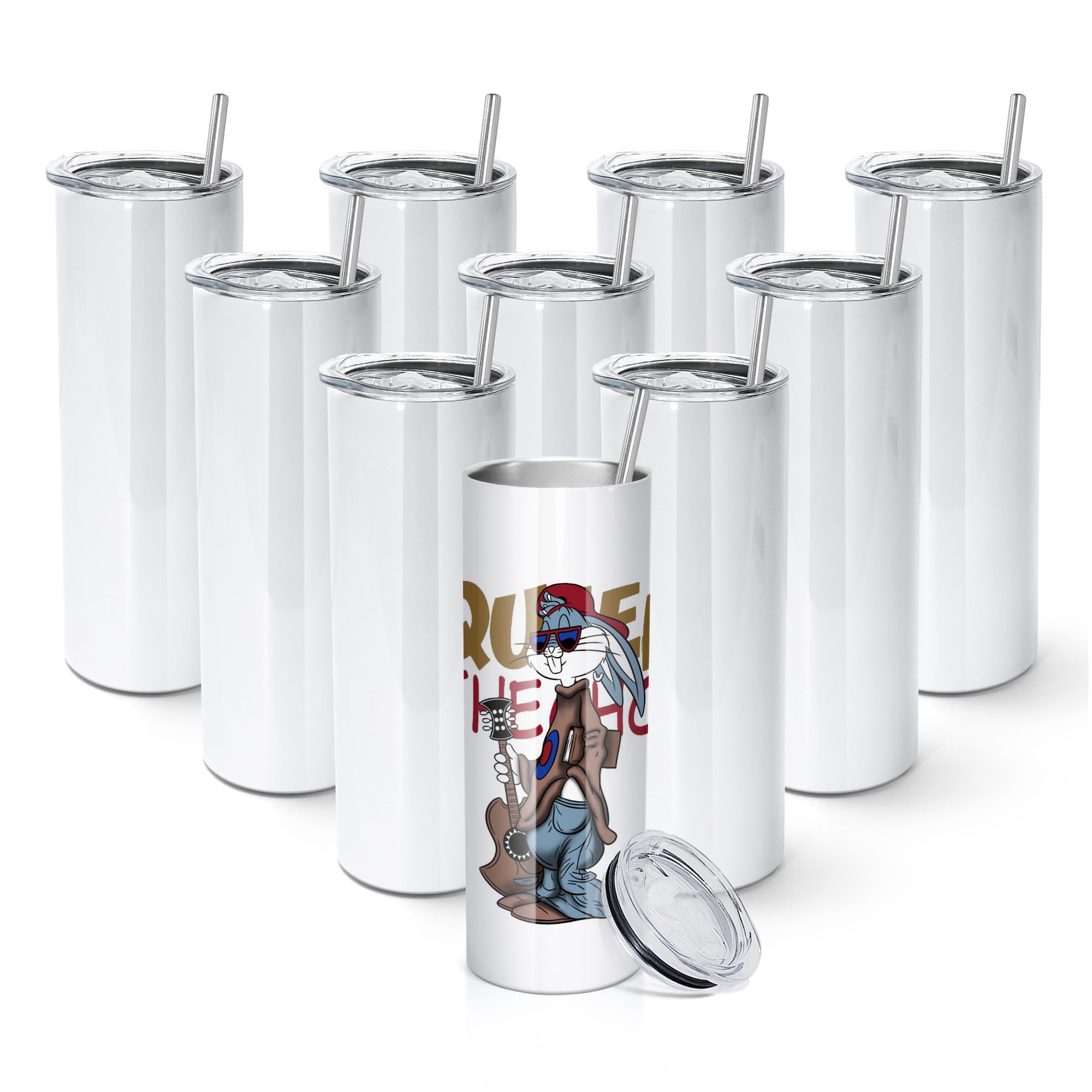 CHLJAR 10 Pack Sublimation Tumblers, 20oz Straight Skinny Stainless Steel Insulated Sublimation Tumbler Blank with Individual Boxed and Bottom Rubbers