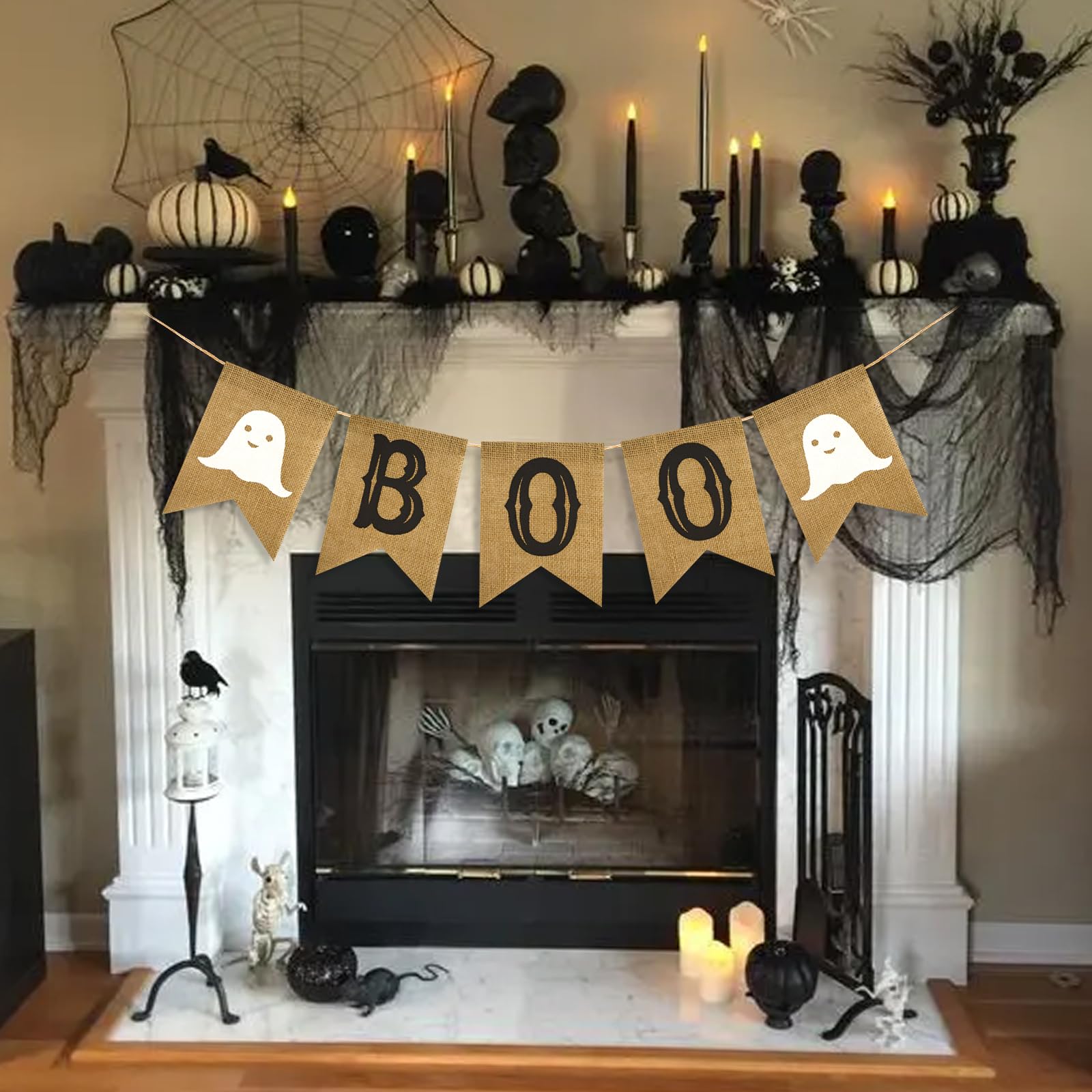 jijAcraft BOO Halloween Banner, Burlap Halloween Bunting Banner with BOO and Ghost, Happy Halloween Decorations Banner for Indoor Fireplace Wall Porch and Outdoor Halloween Party Decoration