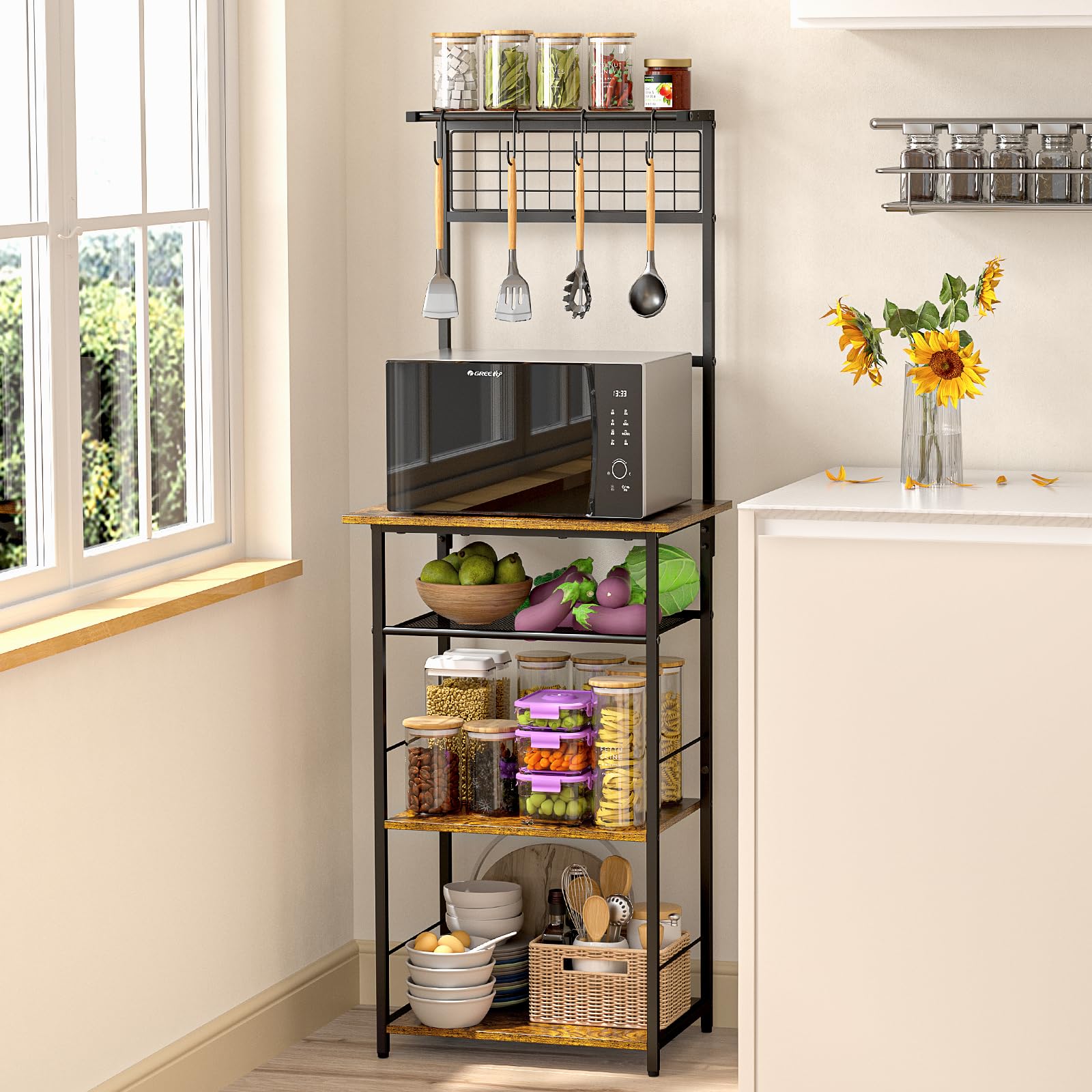 5 Tier Coffee Bar Station, Coffee Stand Station with 4 S-Shaped Hooks, Farmhouse Corner Coffee Bar Cabinet for Small Spaces, Bakers Rack for Kitchen, Entryway, Living Room, 13.43"D x 18.93"W x 53.31"H