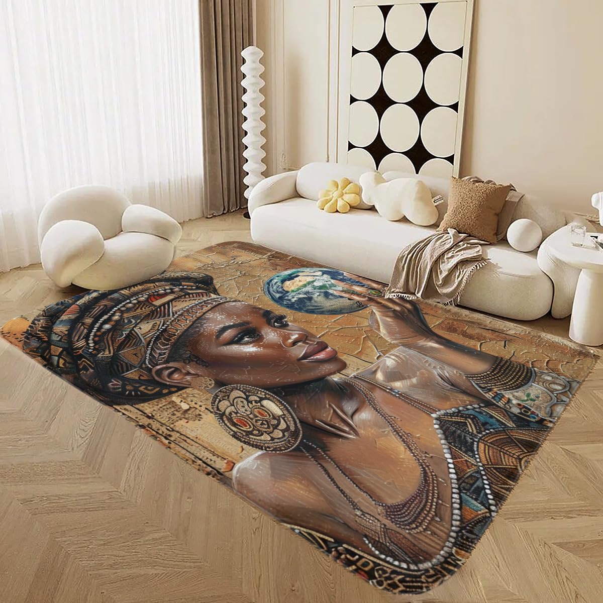 LUCKYLEI Black African Woman Aboriginal Headdress Art Rug, Native American Indian Girl Wearing Ethnic Headdress, African Woman Folk Art Element Indigenous Lady Tribal Gesture, Light Brown 24x36inch