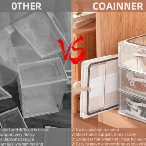 COAINNER Shoe Organizer for Closet, 16-Inch Shoe Storage Containers Boxes with Metal Frame, Clear Cover, Foldable, Stackable (1 Pack)