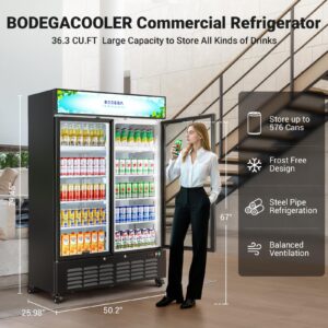 BODEGACOOLER Commercial Merchandiser Refrigerator, 36.3 Cu.Ft Upright Display Beverage Cooler, 2 Glass Door Display Refrigerator with Soft LED Light, Adjustable Shelves, 4 Strong Castors(Black)