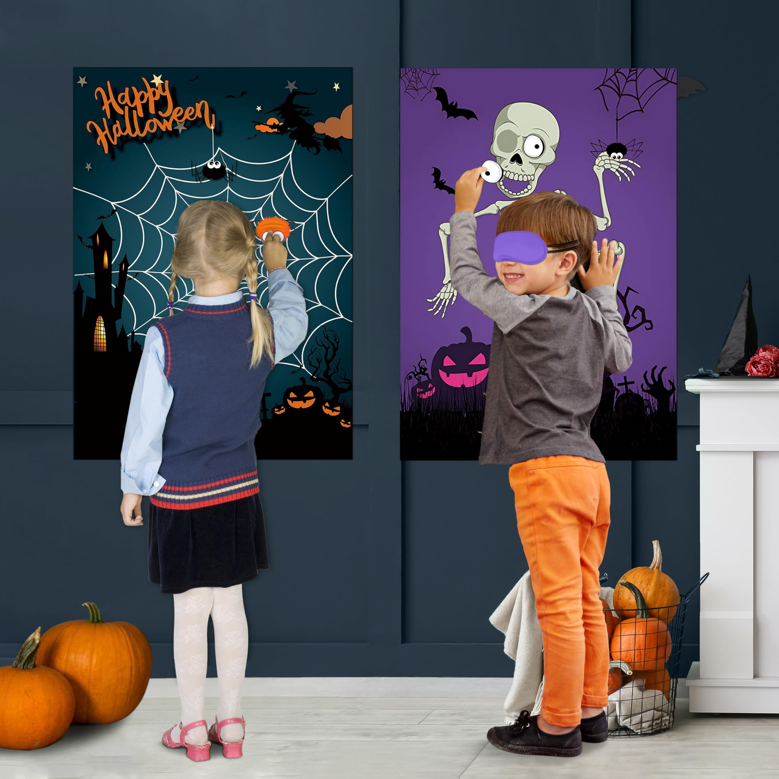 BORAMDO Halloween Party Games Halloween Pin The Game Poster with 96 Stickers and 4 Blindfolds, Halloween Pin The Tail Game for Halloween Party Supplies Favors Classroom Games