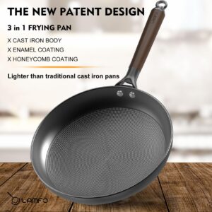 LAMFO Non Stick Frying Pans, 12" Honeycomb Long-Lasting Cast Iron Skillets, Durable Lightweight Cooking Cast Iron Pan w/Detachable Handle, Oven Dishwasher Safe, 2024 Upgrade Nonstick Pan