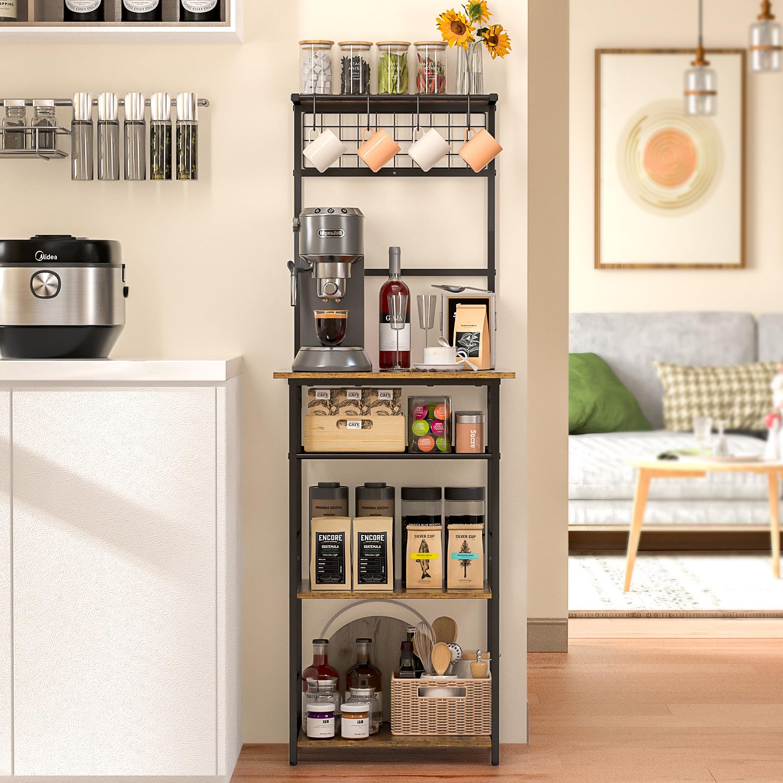 5 Tier Coffee Bar Station, Coffee Stand Station with 4 S-Shaped Hooks, Farmhouse Corner Coffee Bar Cabinet for Small Spaces, Bakers Rack for Kitchen, Entryway, Living Room, 13.43"D x 18.93"W x 53.31"H