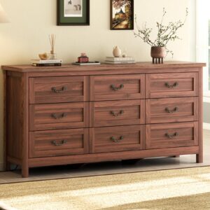 loomie 9 drawer triple dresser for bedroom, 63" dresser tv stand for tvs up to 75",wide chest of drawers,large storage long dressers organizer with vintage pull for bedroom,living room (walnut)