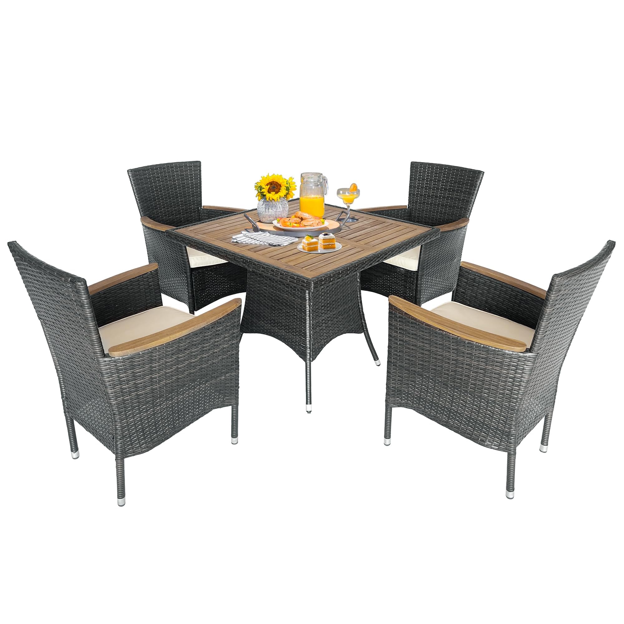 RoyalCraft 5 Piece Patio Wicker Dining Sets for 4, Water-Resistant Rattan Outdoor Dining Table and 4 Chairs with Wood Table Top, Conversation Set for Deck, Garden, Backyard, Removable Cushions, Gray