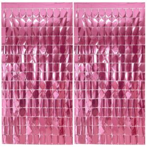 square foil curtain streamer tinsel backdrop photo booth props background for graduation party,new years,birthday,wedding,halloween,christmas decorations (pink, 2pack)