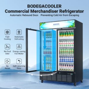 BODEGACOOLER Commercial Merchandiser Refrigerator, 36.3 Cu.Ft Upright Display Beverage Cooler, 2 Glass Door Display Refrigerator with Soft LED Light, Adjustable Shelves, 4 Strong Castors(Black)