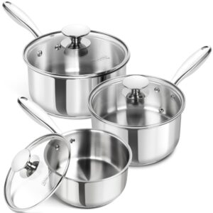 michelangelo stainless steel sauce pan set - 1, 2, 3 qt saucepans with lids, small stainless steel pots for cooking, induction compatible, dishwasher & oven safe