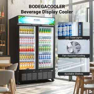 BODEGACOOLER Commercial Merchandiser Refrigerator, 36.3 Cu.Ft Upright Display Beverage Cooler, 2 Glass Door Display Refrigerator with Soft LED Light, Adjustable Shelves, 4 Strong Castors(Black)