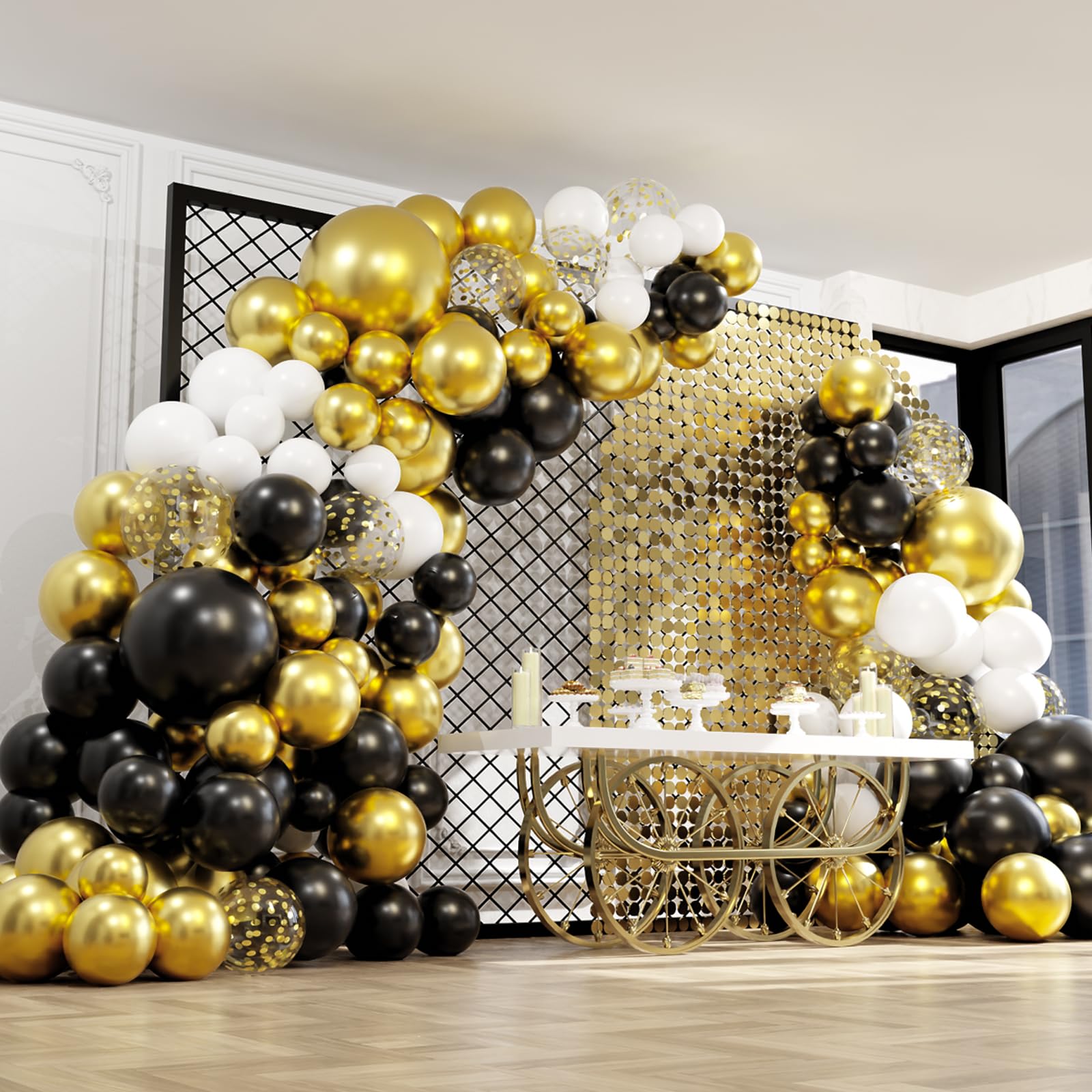 RUBFAC 180pcs Black and Gold Balloons, Balloons Garland Arch Kit 5 10 12 18 inch Black White Metallic Gold Confetti Latex Balloons for Graduation Birthday Baby Shower Wedding