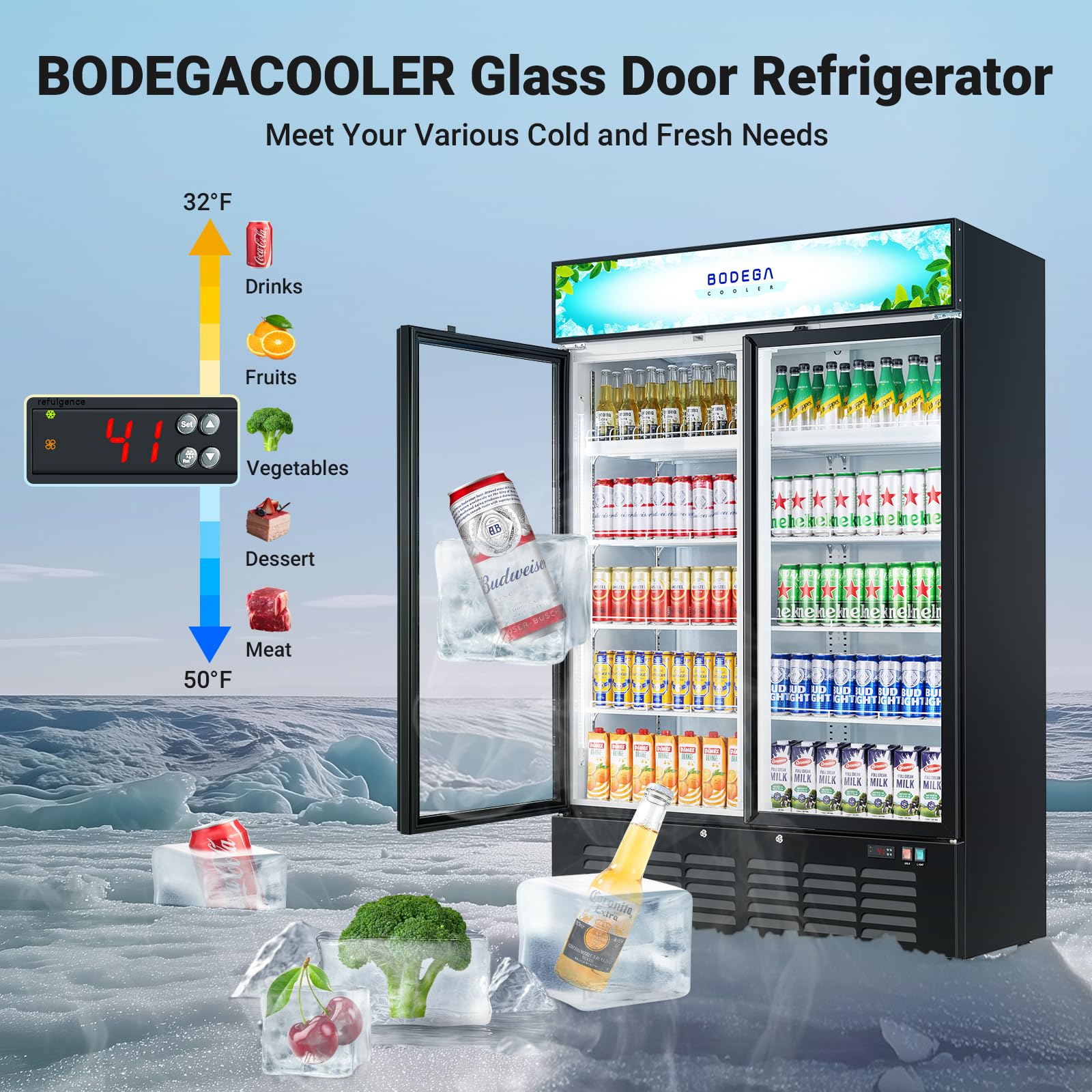 BODEGACOOLER Commercial Merchandiser Refrigerator, 36.3 Cu.Ft Upright Display Beverage Cooler, 2 Glass Door Display Refrigerator with Soft LED Light, Adjustable Shelves, 4 Strong Castors(Black)